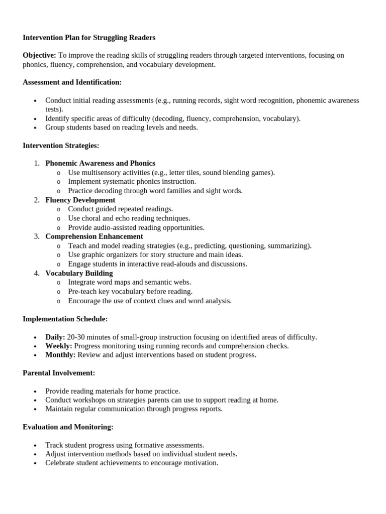 Reading Intervention Plan for Struggling Readers | PDF