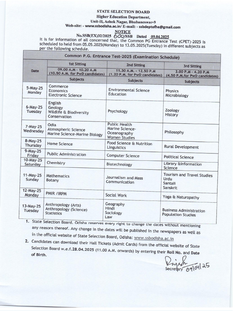 CPET Examination Schedule 2025 | PDF