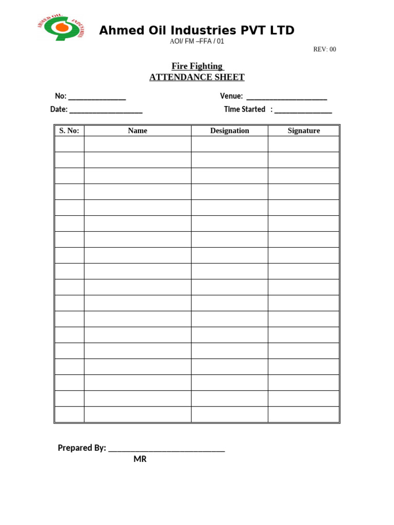 Fire Fighting Attendance Sheet Template | PDF