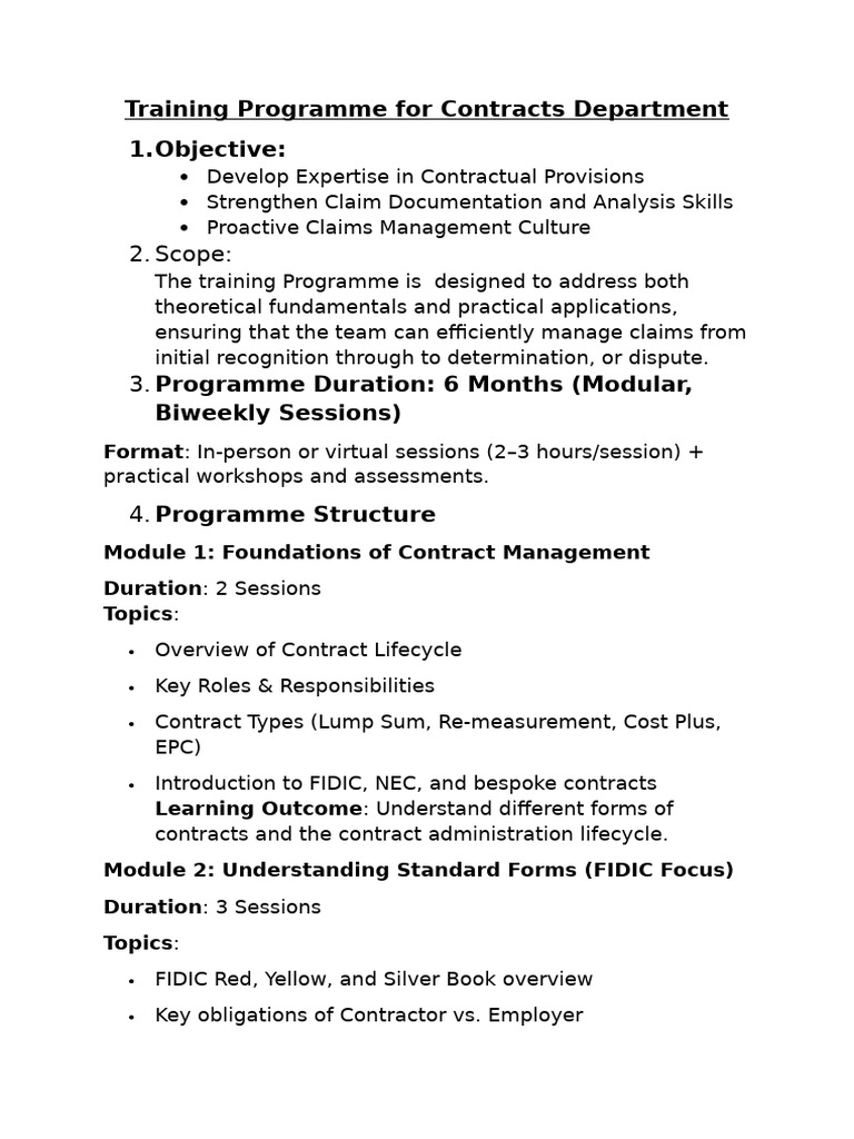 Training Programme For Contracts Department | PDF | Risk | Subcontractor