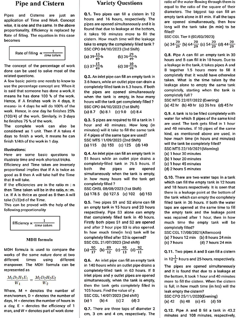 Pipes and Cistern All Previous Year Questions PYQs | PDF