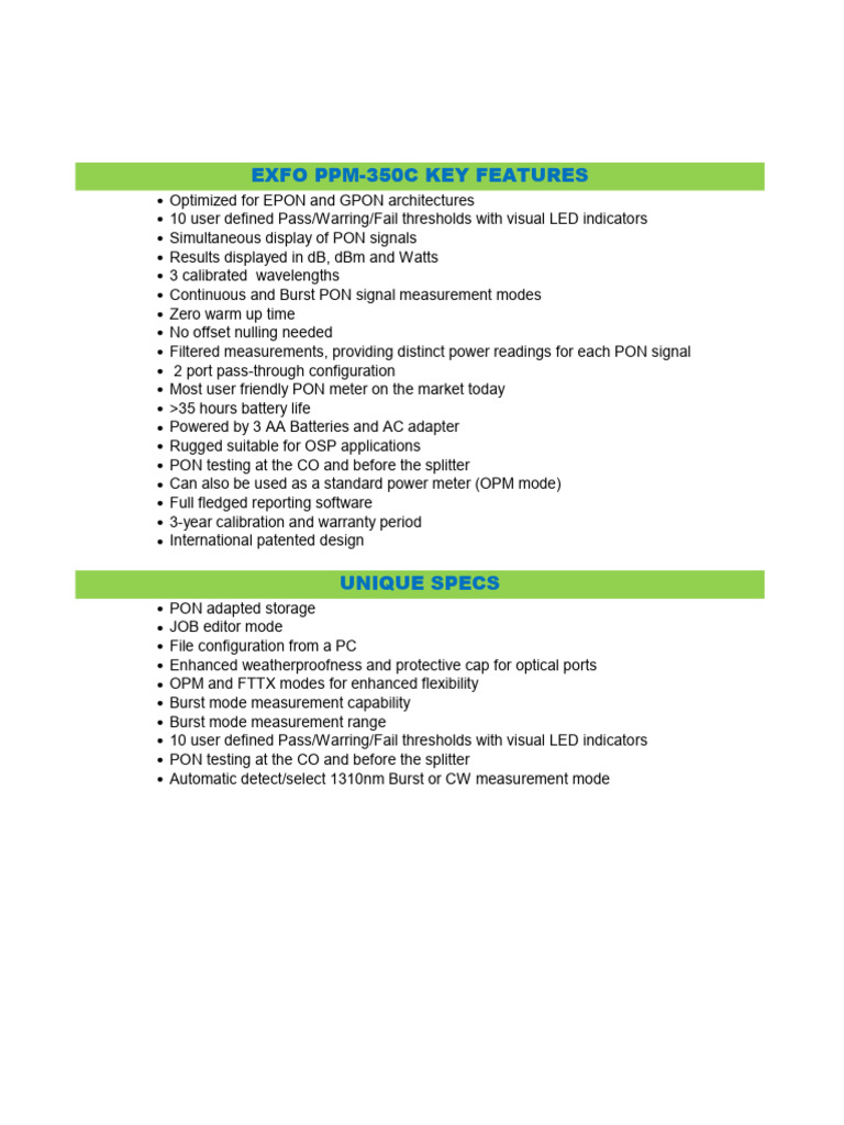 EXFO PPM-350C PON Power Meter Features | PDF