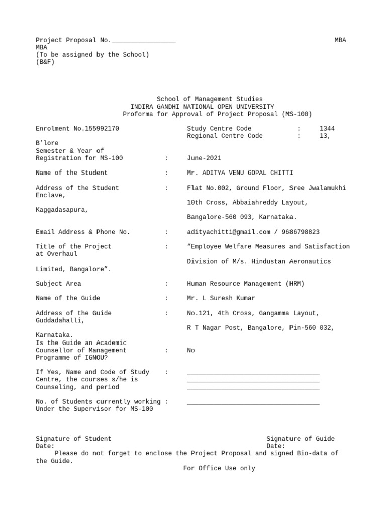 Proforma For Approval of Project Proposal MS 100 | PDF