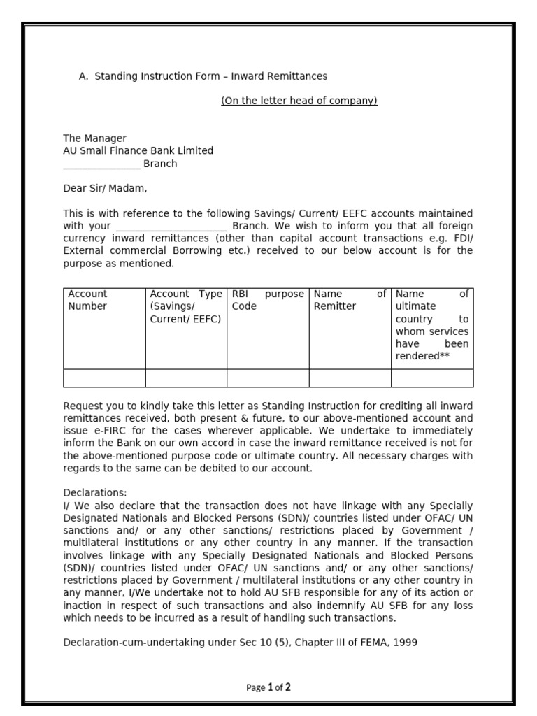 Standing Instruction Form Inward Remittances | PDF | Office Of Foreign ...