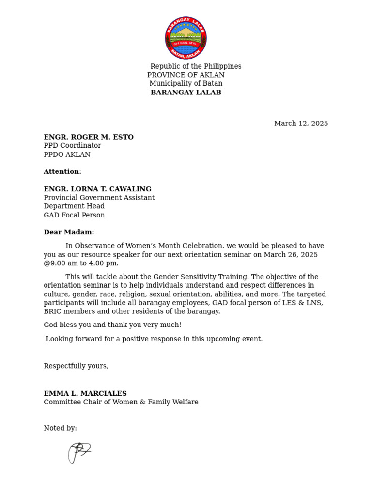 Letter For Gender Sensitivity Training | PDF