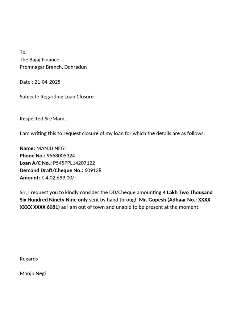 Loan Closure Request by Manju Negi | PDF