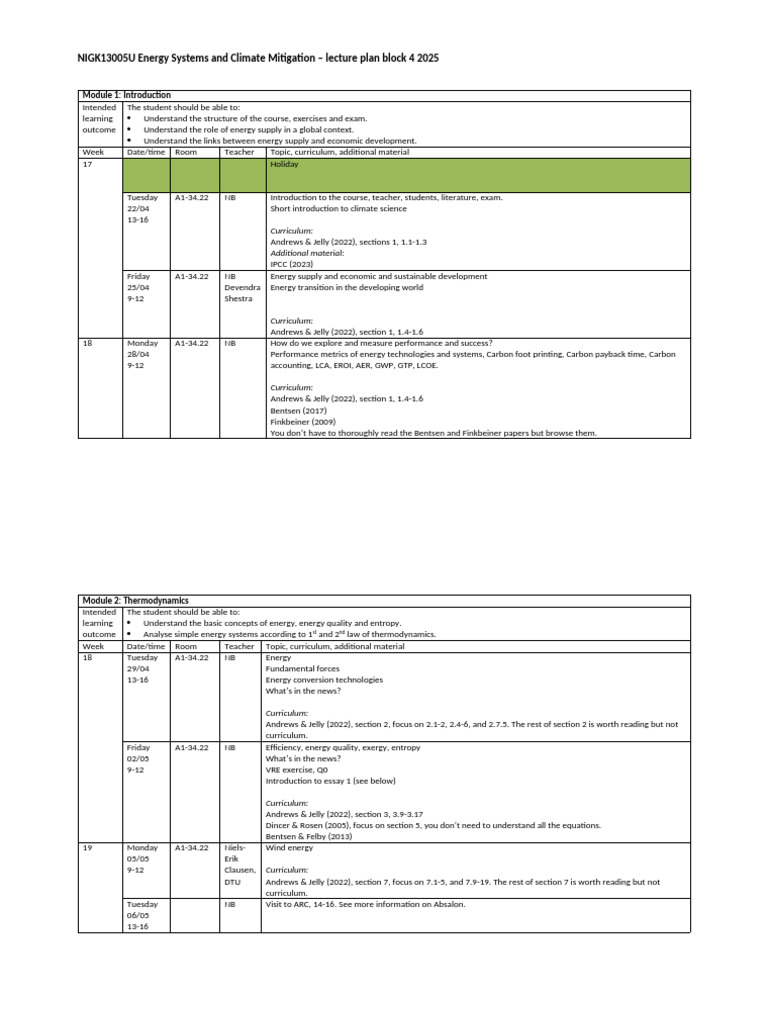 CCIMA - ESCM - Lecture Plan 2025 - V1 | PDF | Bioenergy | Power Resources