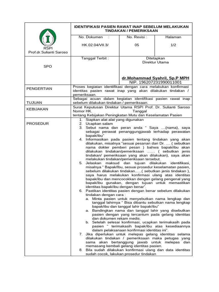 Prosedur Identifikasi Pasien RSPI | PDF