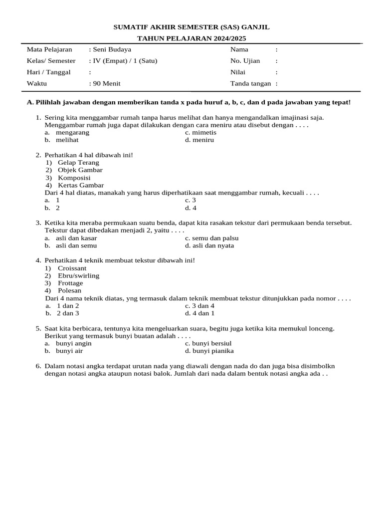 Soal Sas 1 Seni Budaya Kelas 4 (2024-2025) | PDF