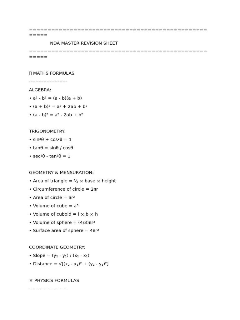 Nda Master Revision Sheet | PDF | Area