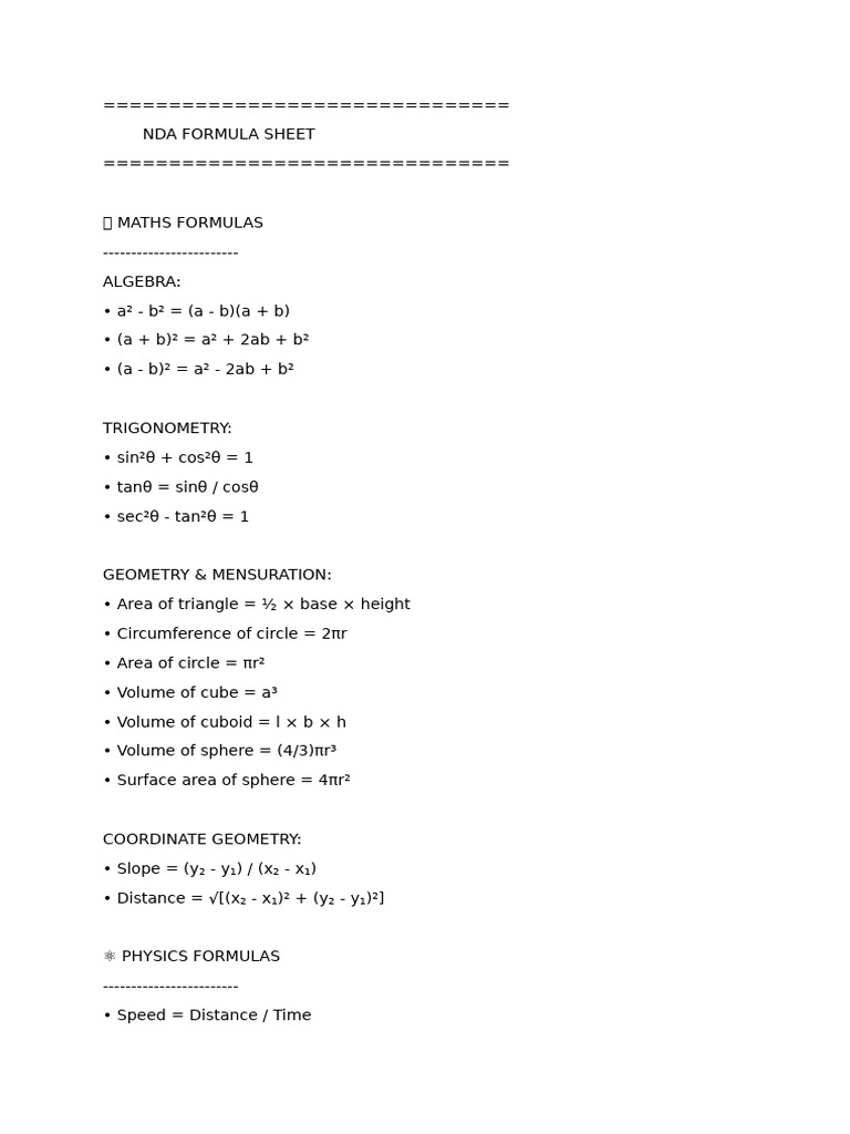 Nda Formula Sheet | PDF