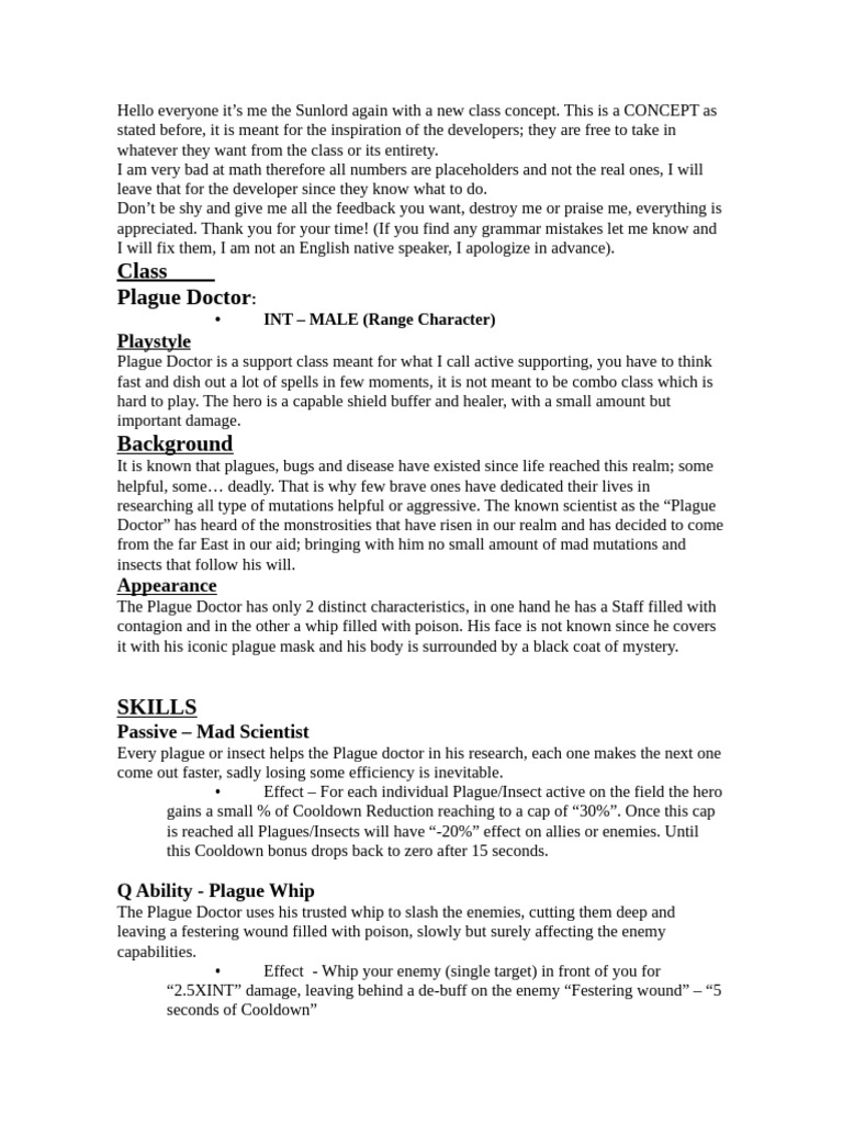Plague Doctor Class Concept Overview | PDF