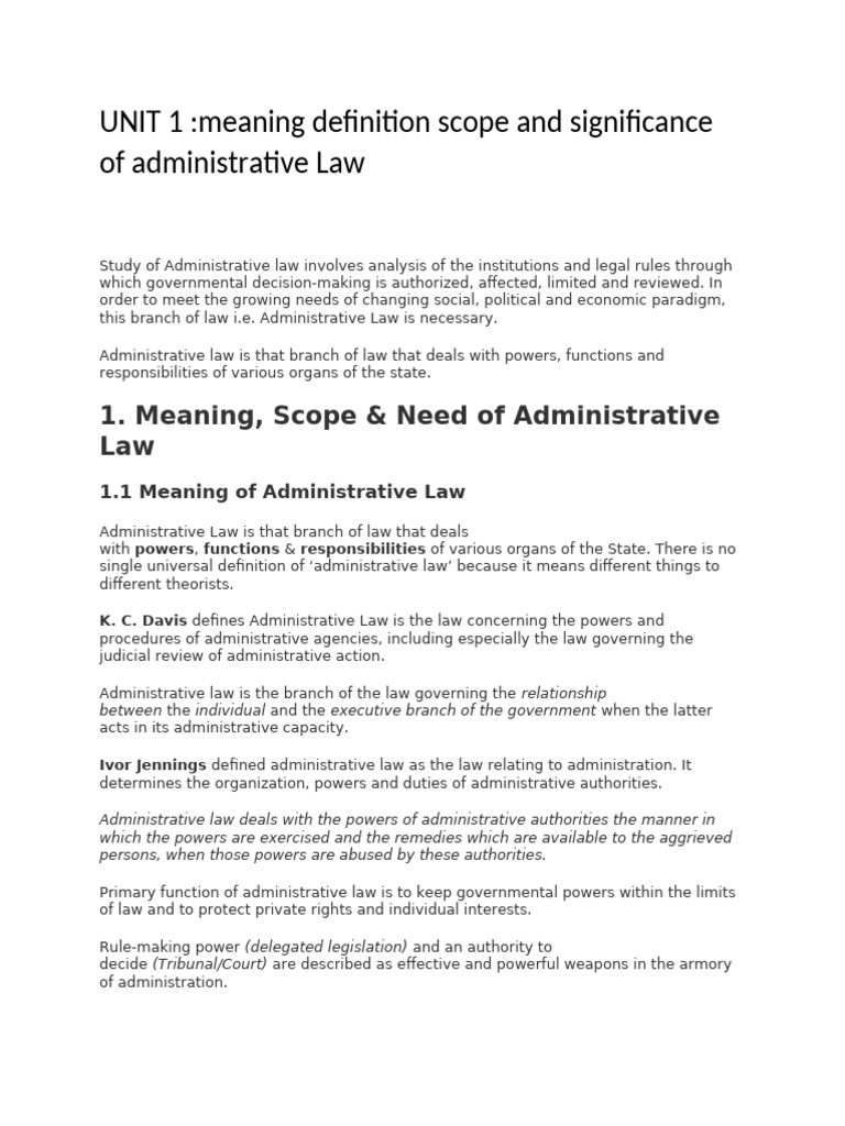 UNIT 1 Admin Law (Meaning, Scope, Significance) | PDF | Legal Remedy | Injunction