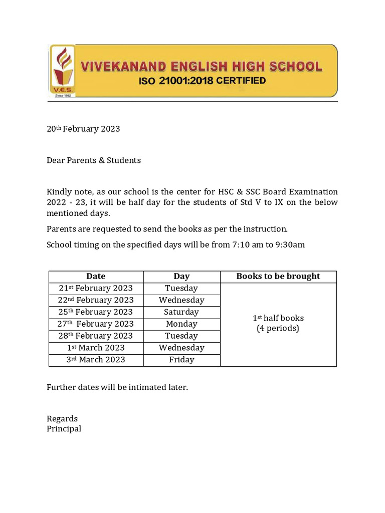 Std V-IX Half Day Schedule Notice | PDF