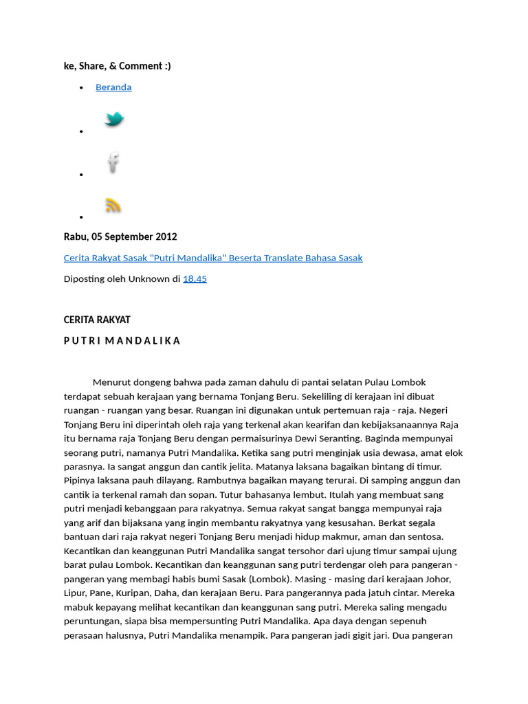Cerita Rakyat Sasak, Puteri Mandalika | PDF