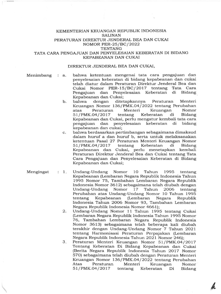 Per Djbc No.25 Tahun 2022 Tentang Tata Cara Pengajuan Dan Penyelesaian Keberatab Di Bidang ...