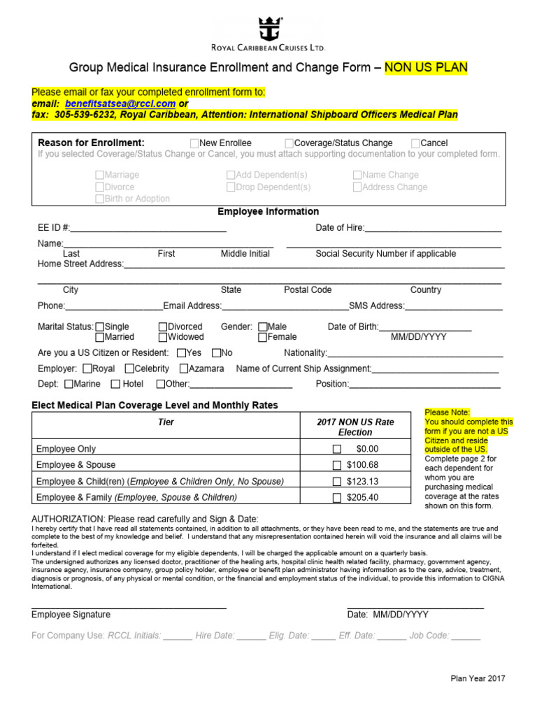 2017 Non-US Medical Insurance Enrollment Form | PDF | Hiv/Aids | Heart