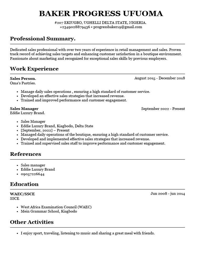 Resume Baker Progress Ufuoma | PDF