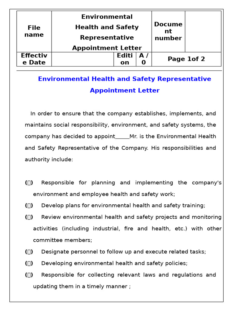 Environmental Health and Safety Representative Appointment Letter | PDF
