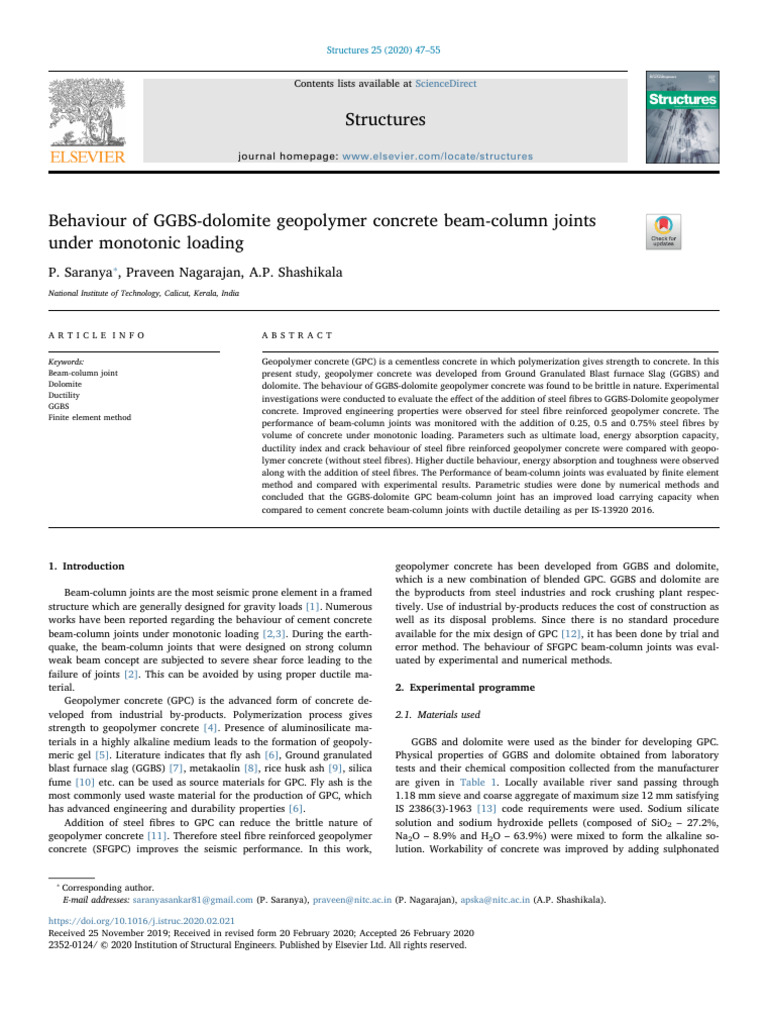 3 Behaviour of GGBS-dolomite geopolymer concrete beam-column | PDF | Fracture | Concrete