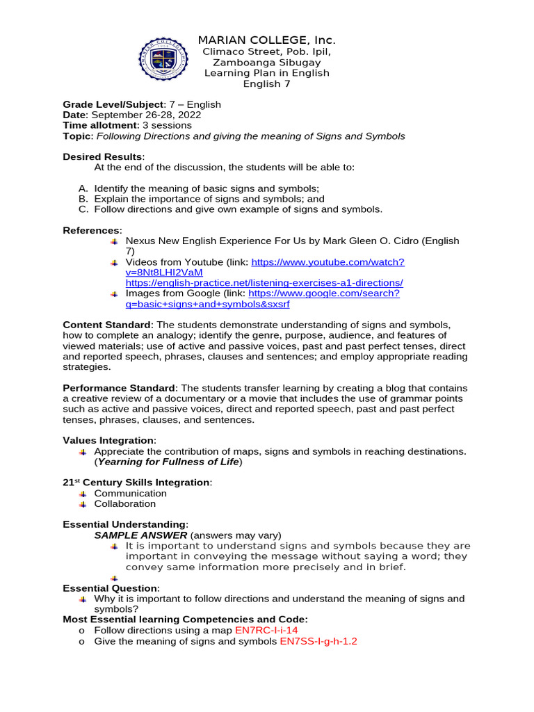 LP 7 Maps, Signs and Symbols | PDF | English Language | Learning
