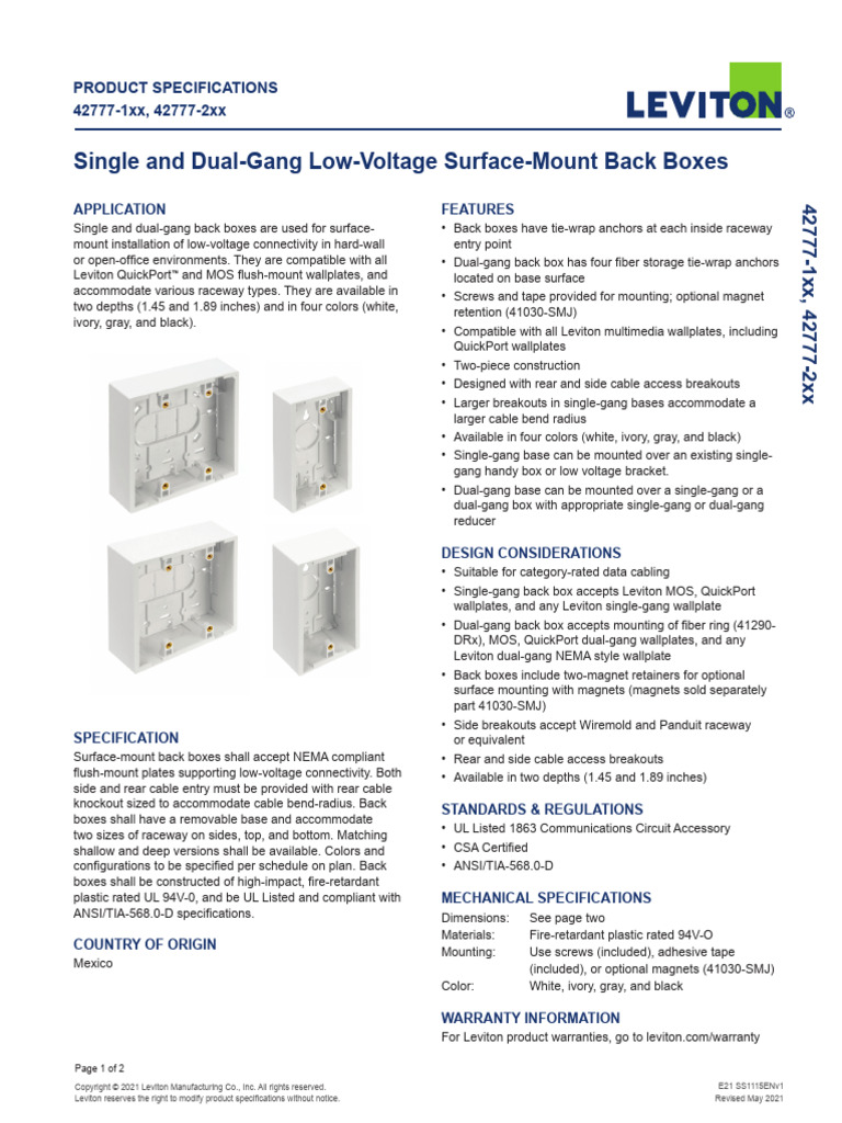 Leviton 42777-xxx SurfaceMount Back Boxes | PDF | Equipment ...