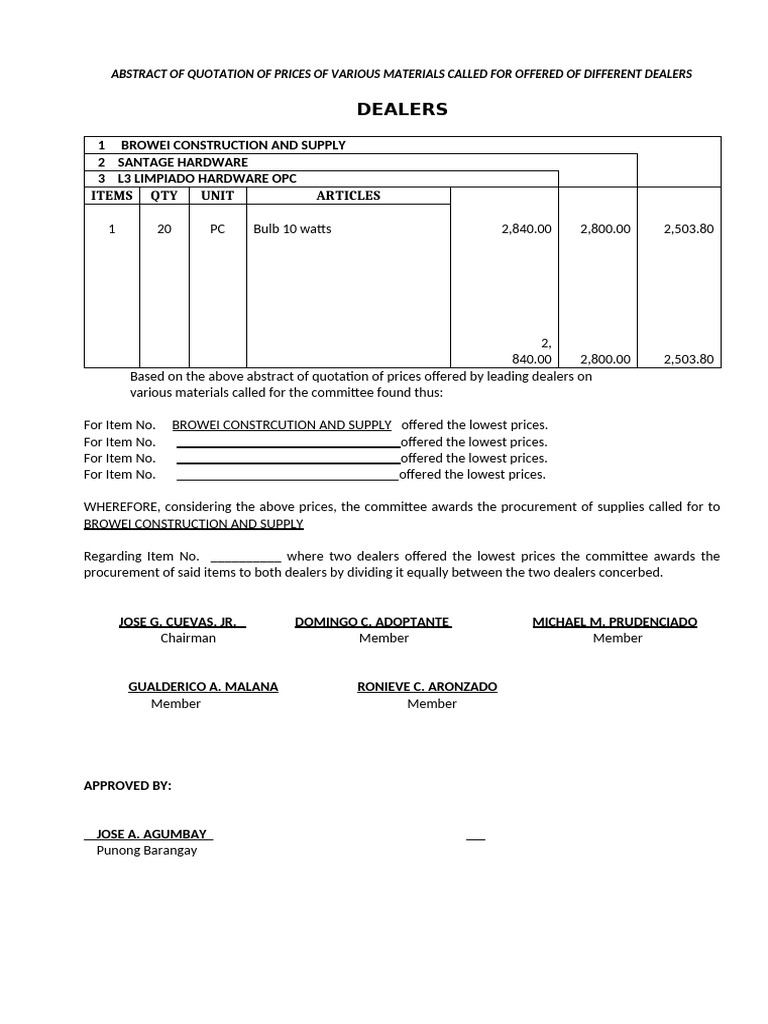 ABSTRACT OF QUOTATION OF PRICES Deepwel | PDF