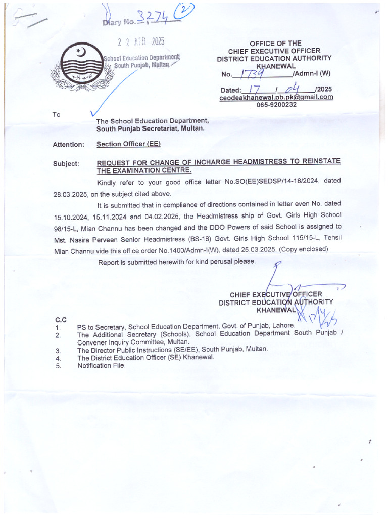 3274 Request For Change of Incharge Headmistress To Reinstatement | PDF