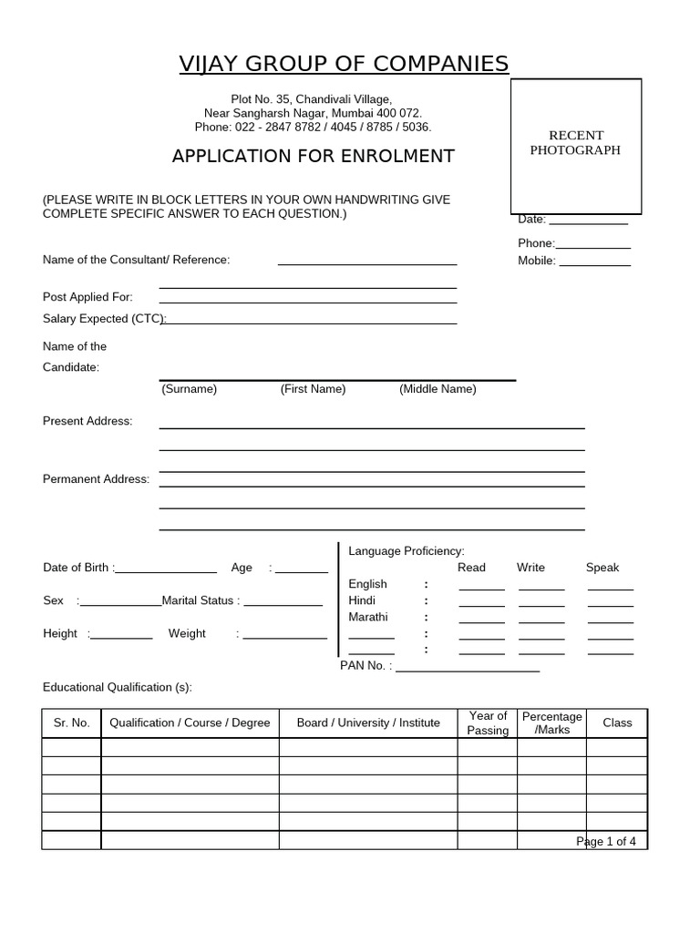 Vijay Group Job Application Form | PDF