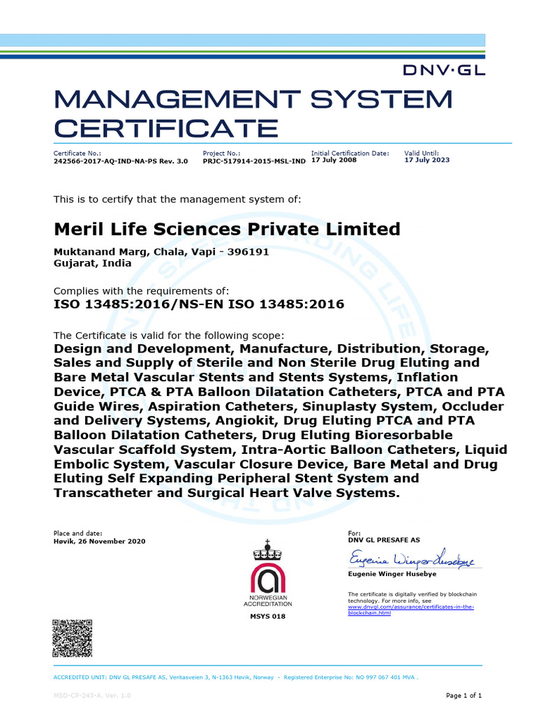 Meril Life Sciences ISO 13485 Certification | PDF | Medical Specialties ...