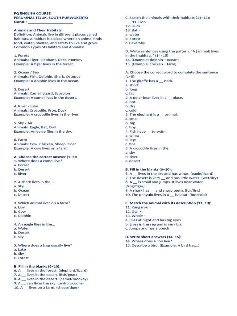 Animals and Their Habitats Worksheet | PDF | Habitat | Desert