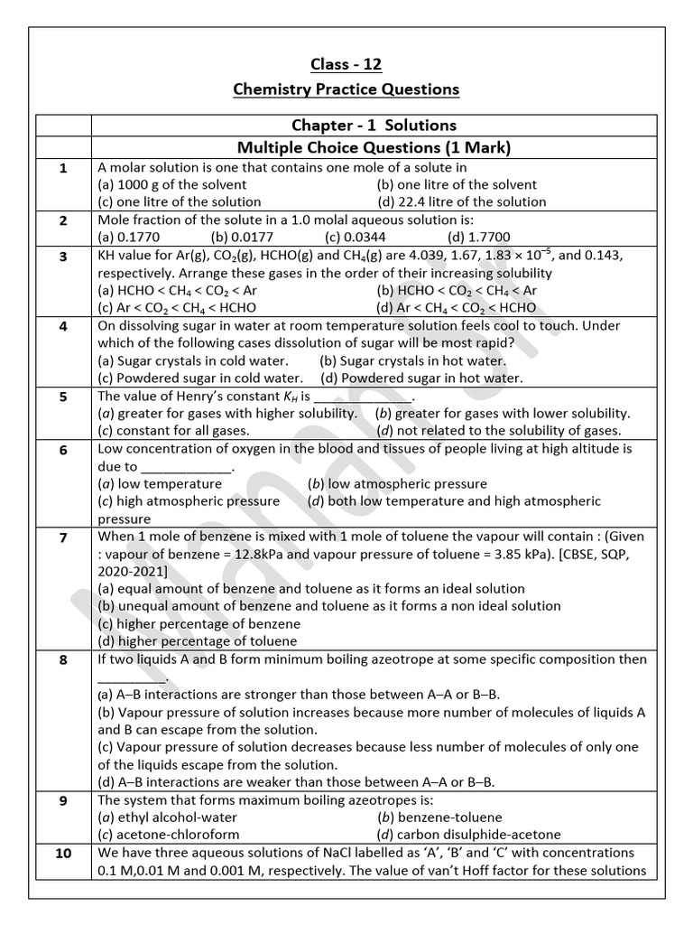 Class - 12 Practice Questions | PDF | Reaction Rate | Electrochemistry