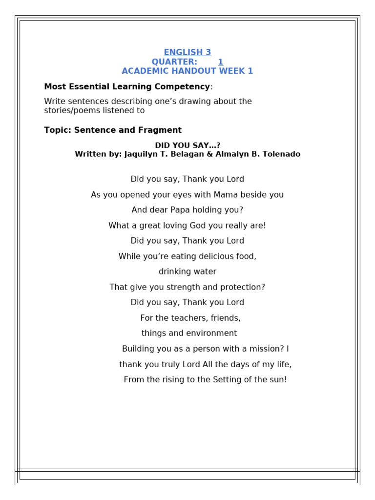 ENGLISH 3 Quarter 1 A | PDF