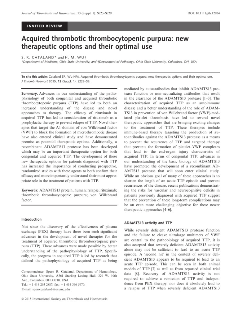 Acquired Thrombotic Thrombocytopenic Purpura - New Therapeutic Options ...