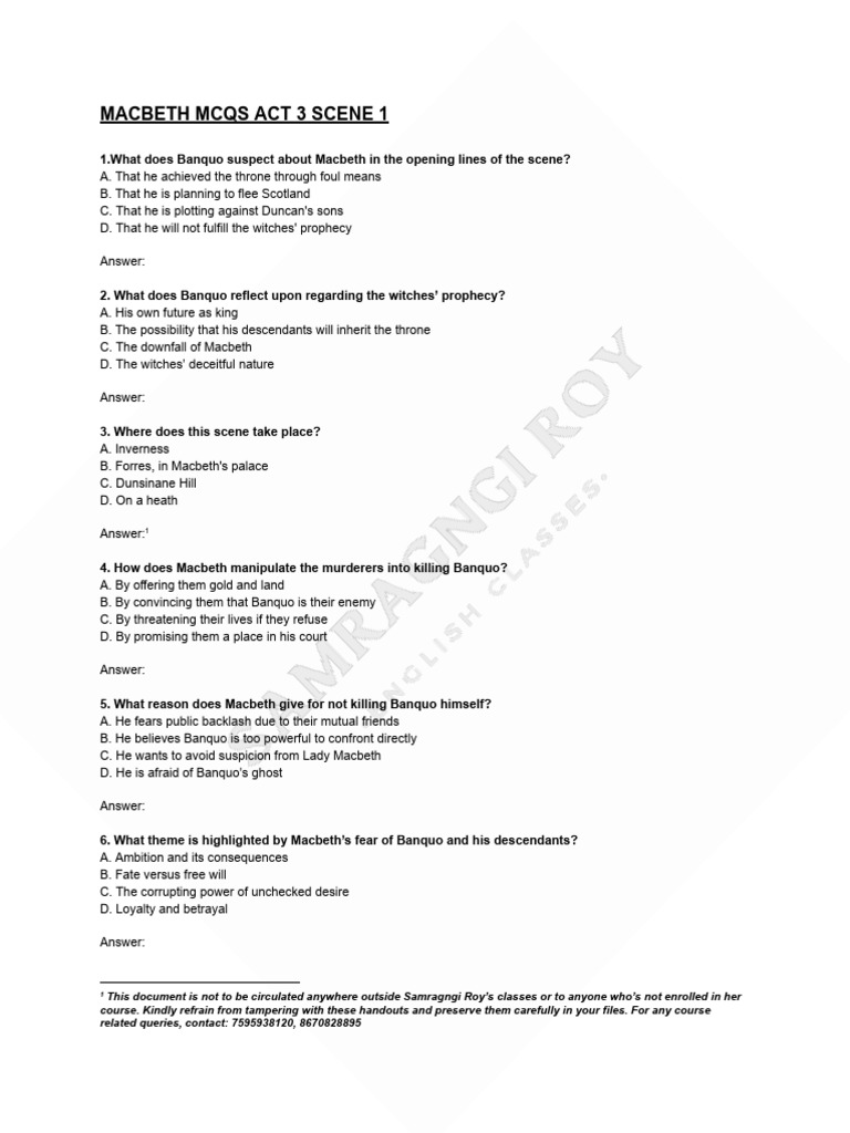 Macbeth MCQS Act 3 Scene 1 | PDF | Macbeth