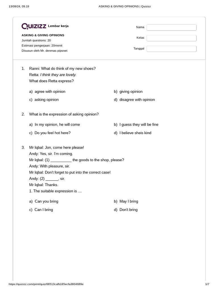 Asking and Giving Opinions Quiz | PDF