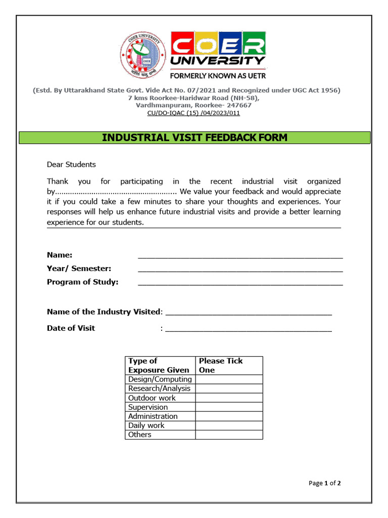 Industrial Visit Feedback Form | PDF | Experience | Learning