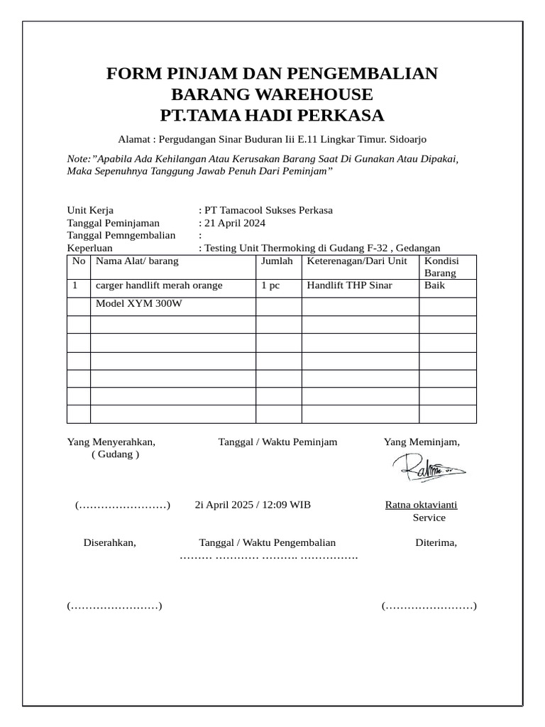 Thp Form Pinjam Charger Handlift | PDF