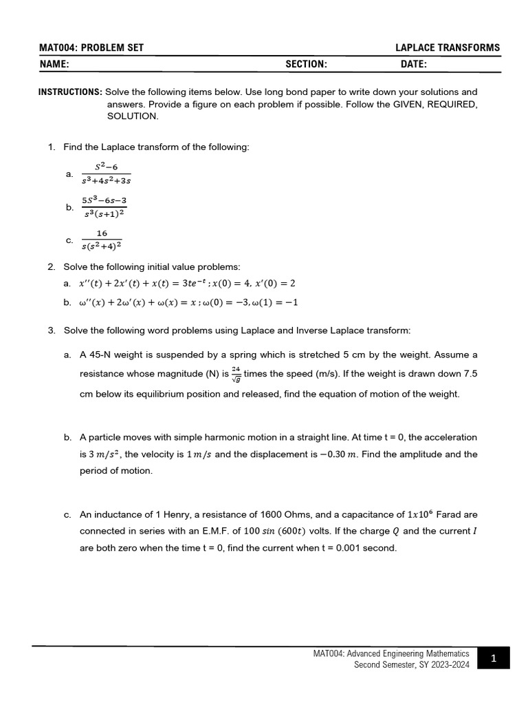 MAT004 - Practice Problems - Laplace Transforms | PDF