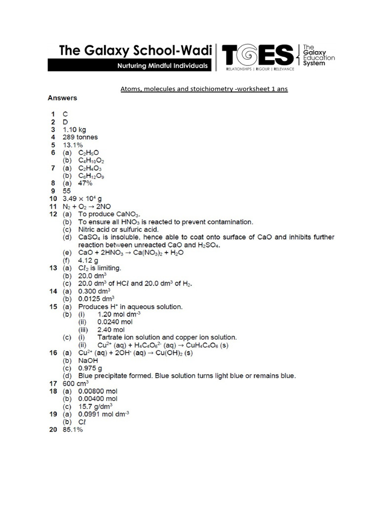 Atoms, Molecules and Stoichiometry - Worksheet 1 Ans | PDF