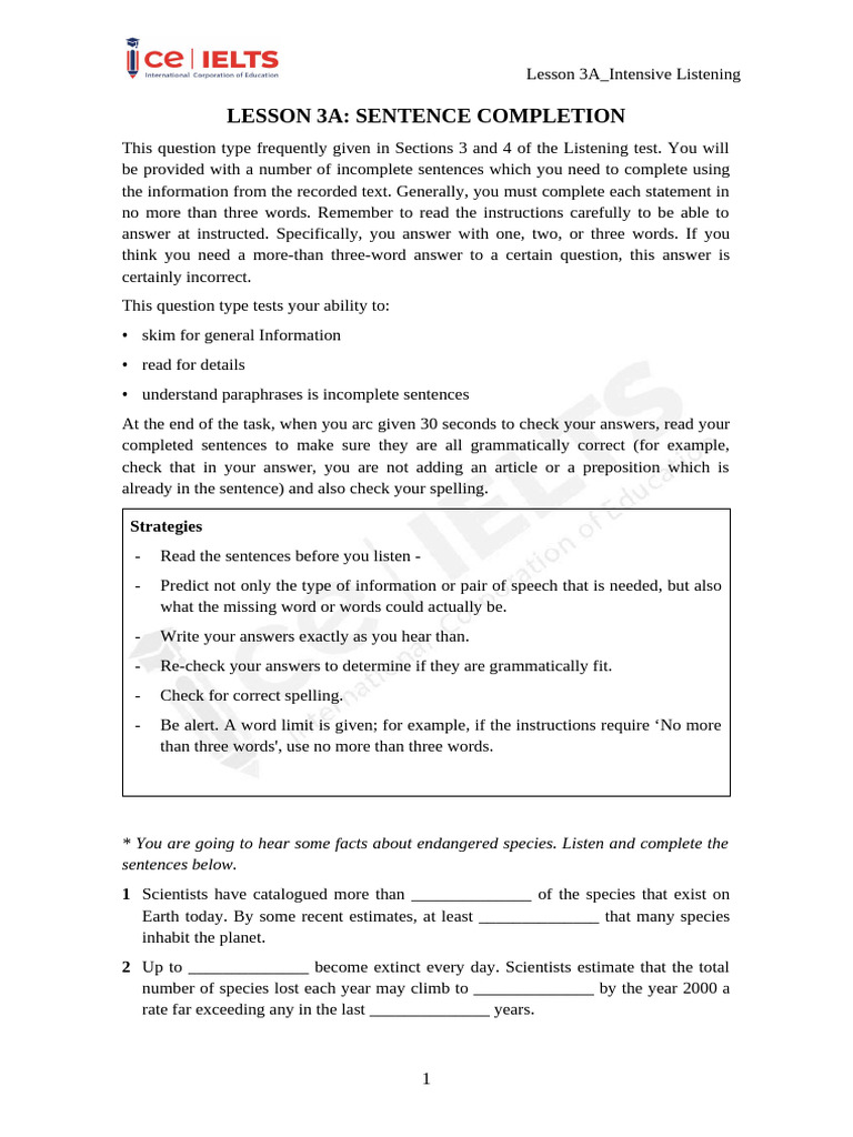 Lesson 3A - Sentence Completion | PDF | Leasehold Estate | Question
