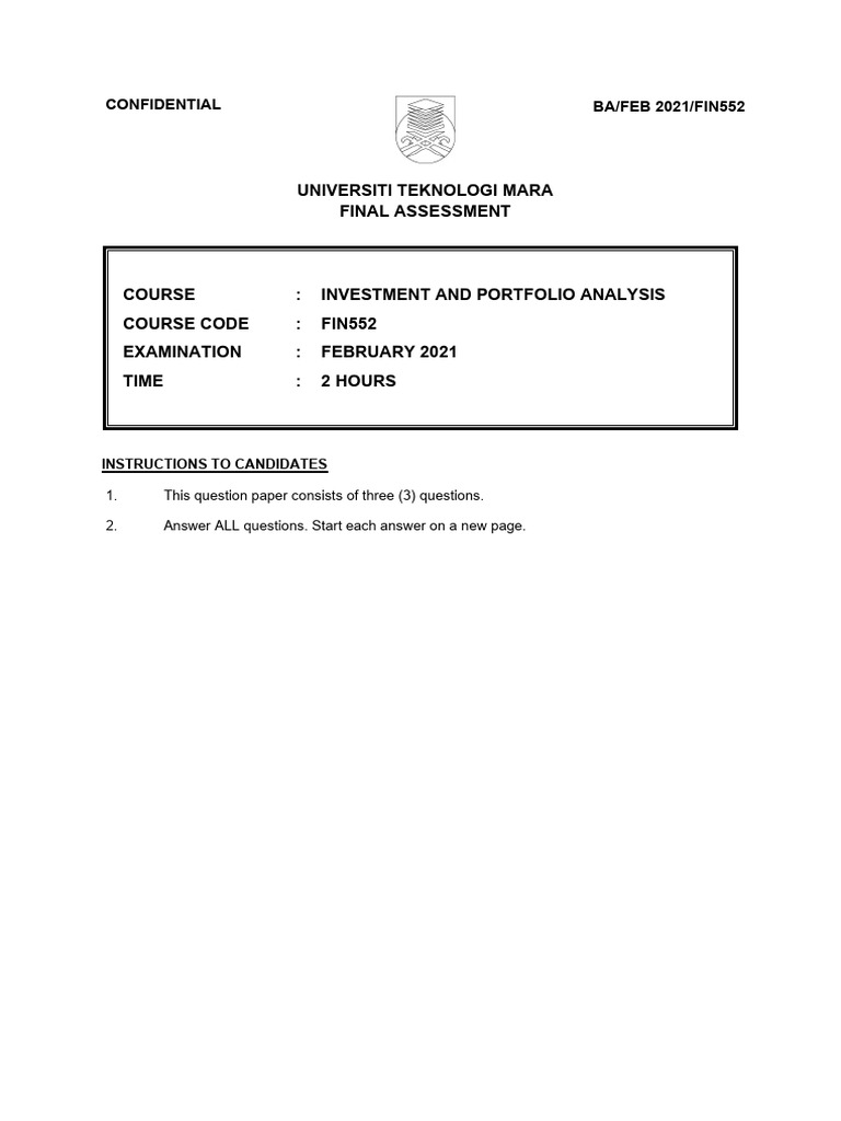 2021 February Final FIN552 Question | PDF | Portfolio (Finance) | Beta ...