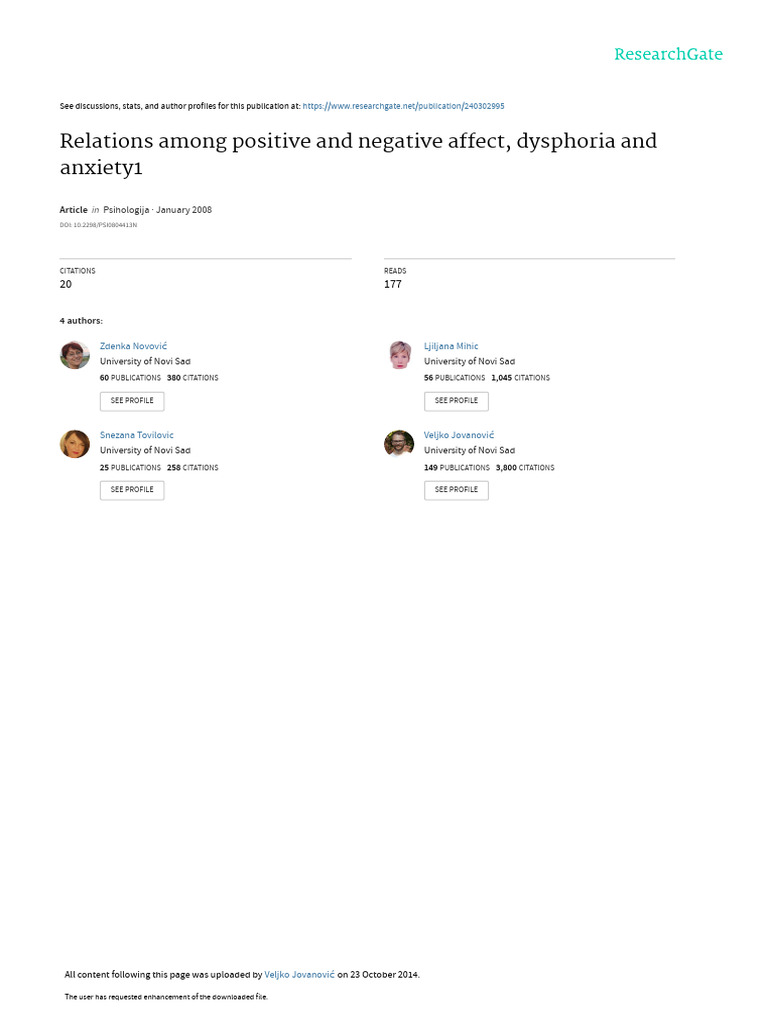 Relations Among Positive and Negative Affect Dysphoria and Anxiety ...