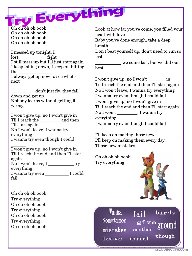 Zootopia "Try Everything" Lyrics | PDF