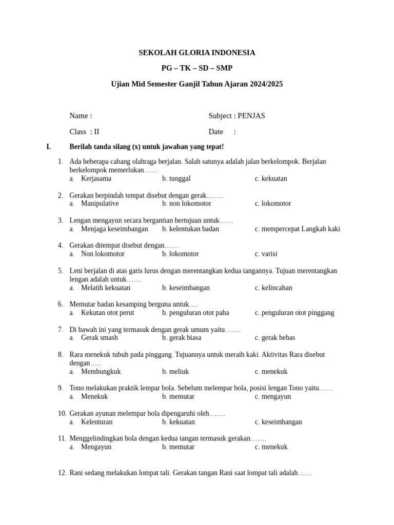 Soal Penjas Kelas 2 SD | PDF