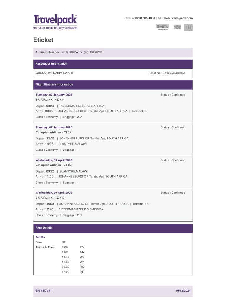 Gregory Henry Swart-Eticket | PDF | Aviation | Transport