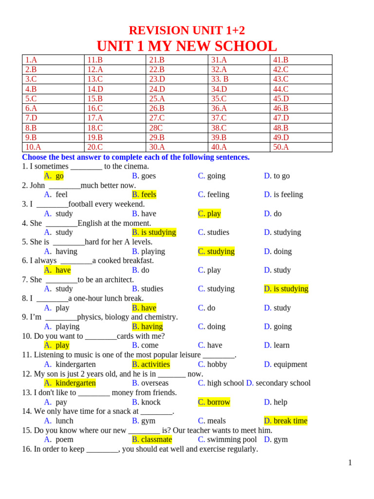 Revision Unit 1+2 Keys | PDF | Bedroom | Home