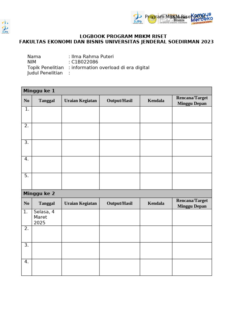Logbook Program MBKM Riset 2025 | PDF