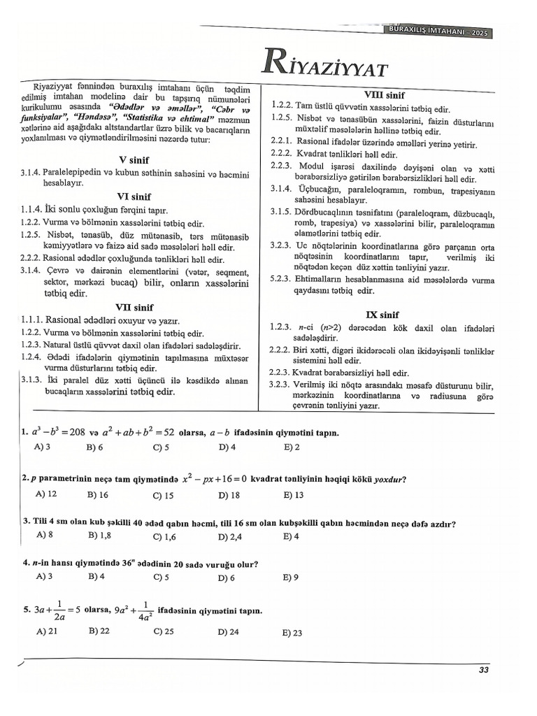 9-Cu Sinif Buraxılış Model Suallar 2025 | PDF