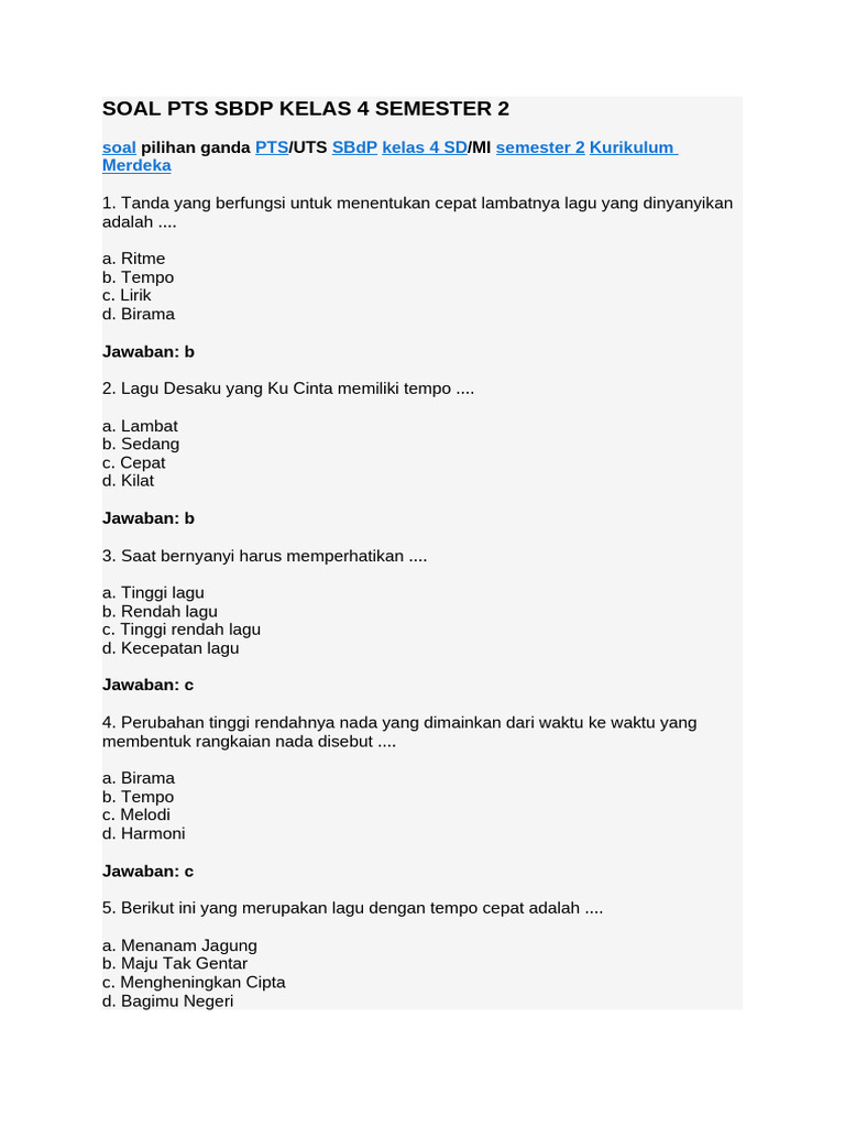 Soal PTS SBdP Kelas 4 Semester 2 | PDF